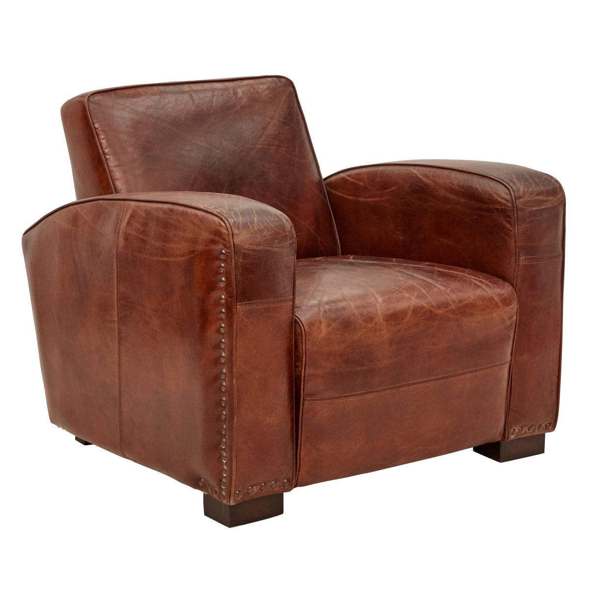Kingly Club Vintage Leather Art Deco Armchair Dovetailed Doublestitched
